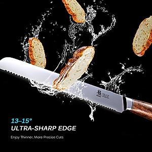 KYOKU 10 Inch Bread Knife - Daimyo Series - Serrated Knife with Ergonomic Rosewood Handle, and Mosaic Pin - Japanese 440C Stainless Steel Bread Cutter with Sheath and Case
