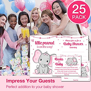 Set of 25 Baby Shower Invitations for Girl with Enveloppes, Diaper Raffle Tickets and Baby Shower Book Request Cards - Elephant