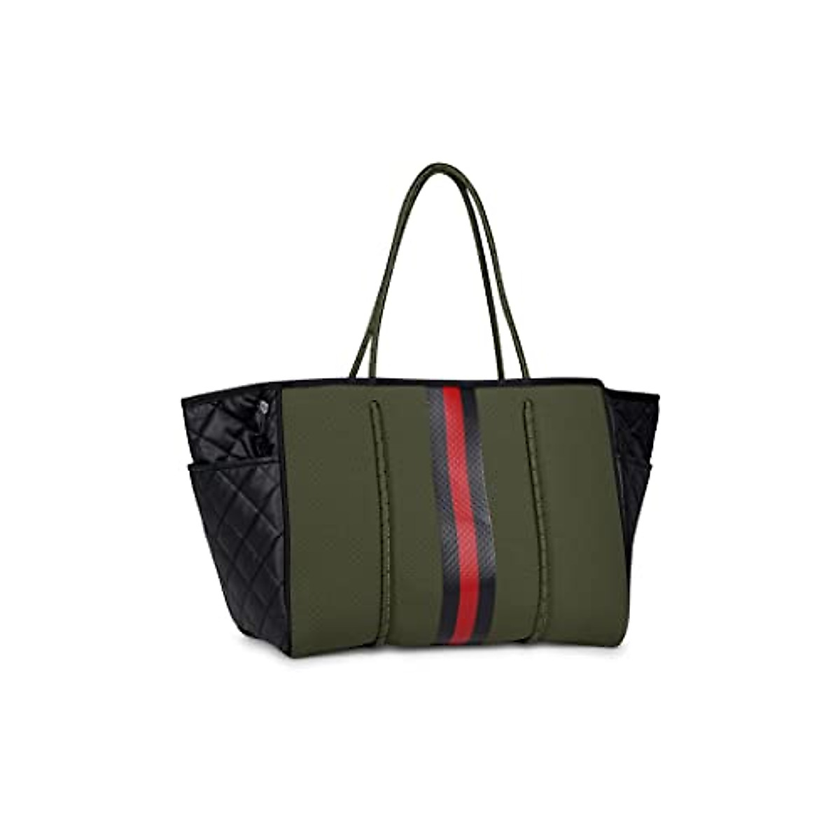 Haute Shore - Greyson Avenue Neoprene Tote Bag w/Zipper Wristlet Inside, Army W/Black & Red Stripe