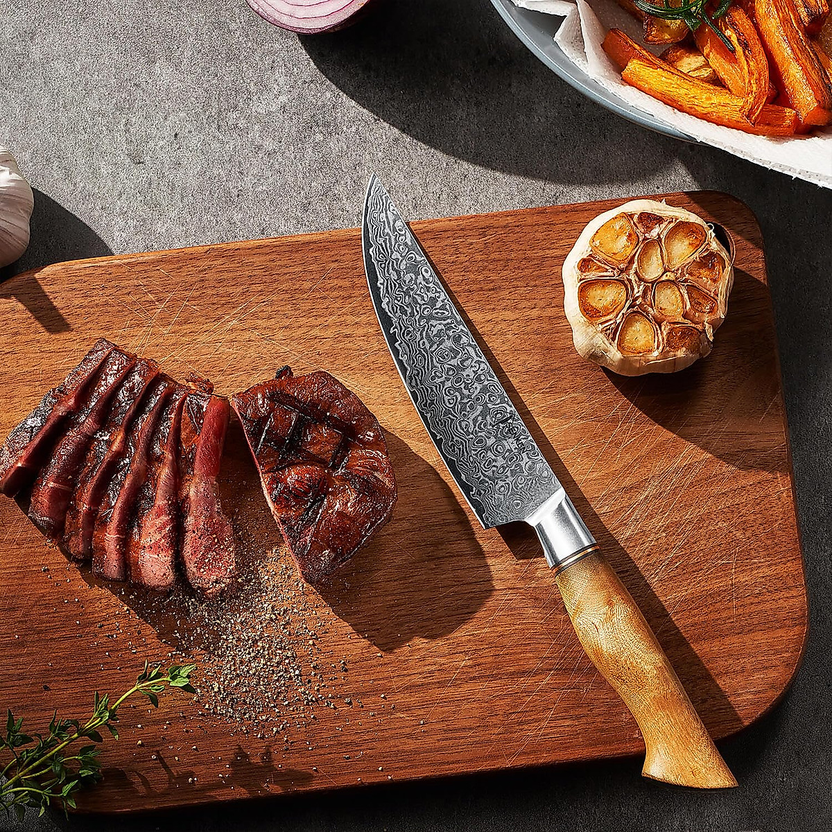 SENKEN 6-Piece Damascus Steel Steak Knife Set - Non-Serrated Steak Knives with Sycamore Wood Handles - The Dynasty Collection - 67-Layer Japanese VG10 Steel (6-Piece Steak Knife Set)