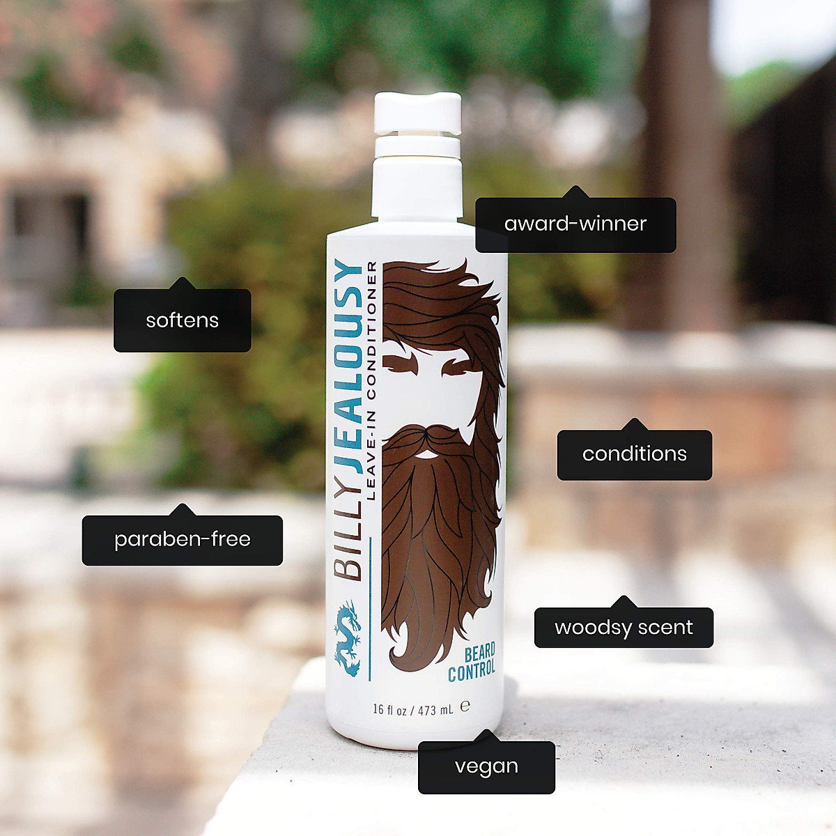 Billy Jealousy Beard Control Leave In Beard Conditioner for Men with Aloe Leaf Juice and Jojoba Seed Oil, Softens Hair and Skin, Light Hold with Matte Finish, 16 Fl Oz