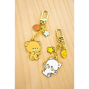 Milkmochabear Milk Enamel Keychain - Mini Clasp All Metal Gold Finish with Two Charms For Handbags Purses Bags Belts Backpacks Men Women Couple Matching