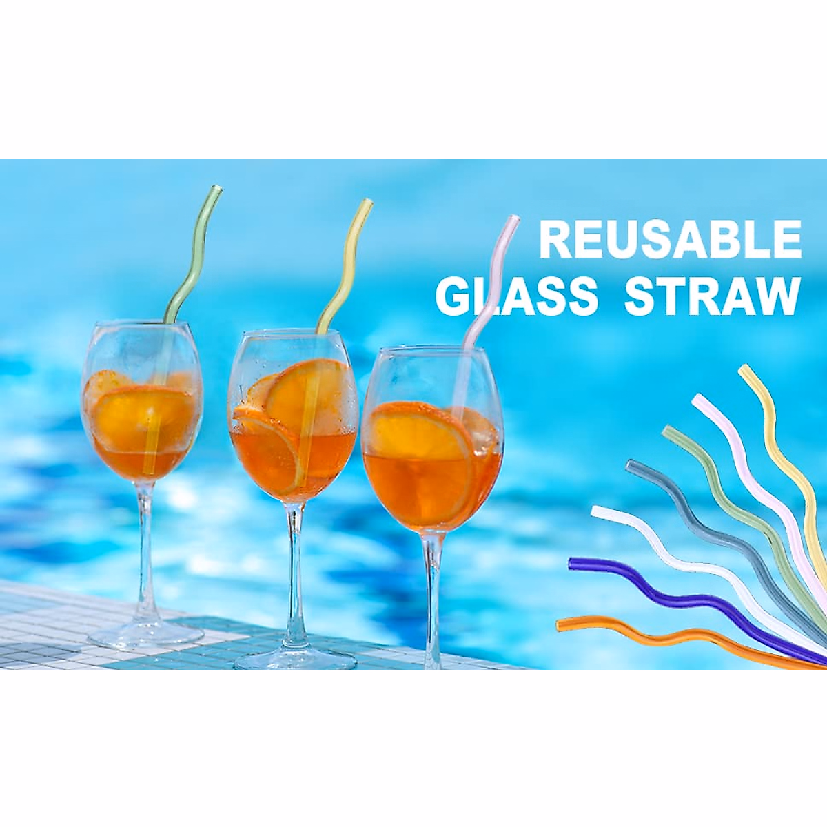 Nipogear 8*200mm wavy high borosilicate transparent colored high borosilicate glass straws for beverages, coffee, milk and tea straws. Seven-piece suit.