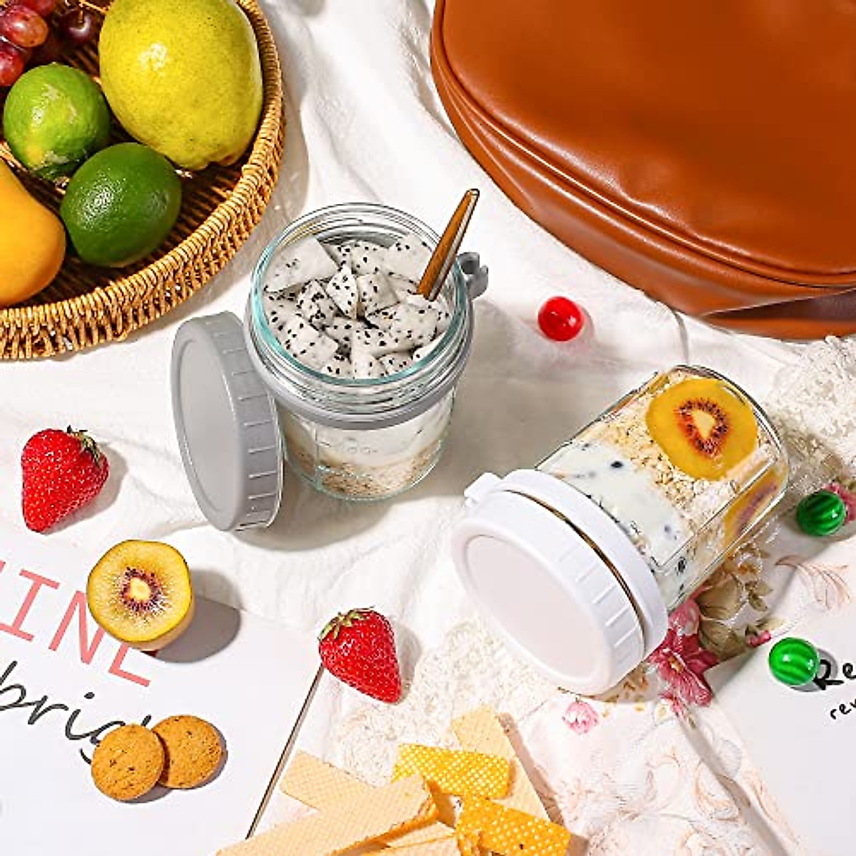 Overnight Oats Containers with lids and Spoons: 16 oz Mason Jars for Overnight Oats - 4 Pack Glass Meal Prep Container for Oatmeal - Food Storage Containers/Canning Jars/Food Jars & Canisters