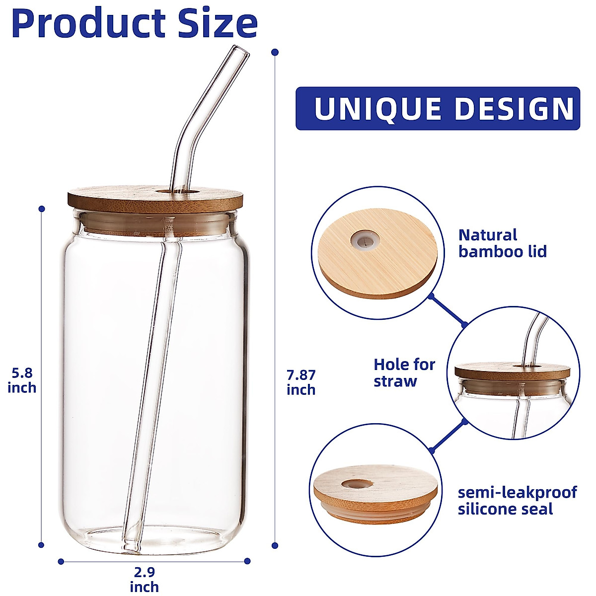 Mzowgzk 6pcs Set-16oz, Glass Cups with Bamboo Lids and Glass Straw - Beer Can Shaped,CuteTumbler Cup,Soda,deal for Cocktail,Iced Coffee Cups,6 Cleaning Brushes glass cups with lids and straws