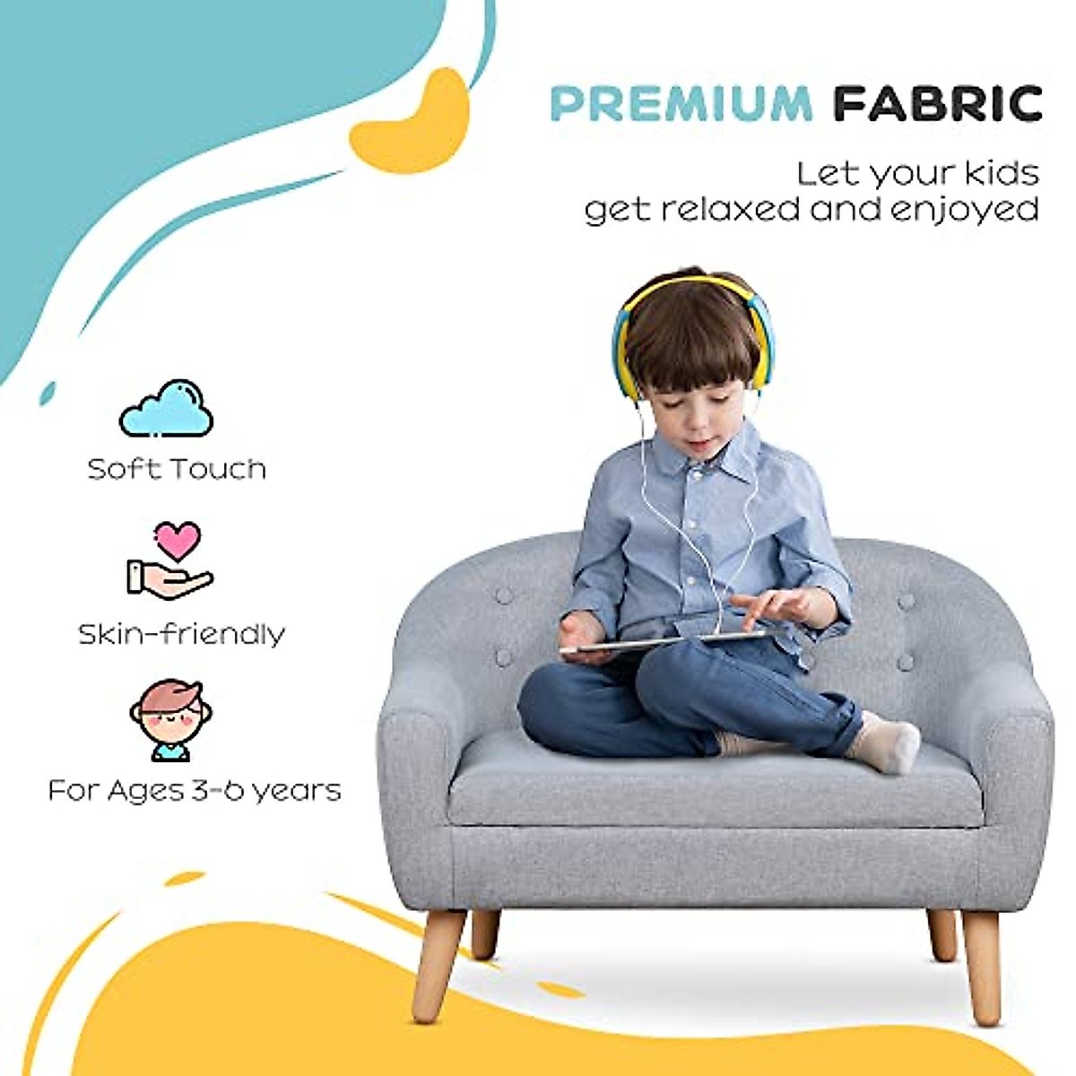 Qaba 2-Seat Kids Sofa Linen Fabric and Wooden Frame Sofa for Kids and Toddlers Ages 3-7, 11" High Seat, Gray