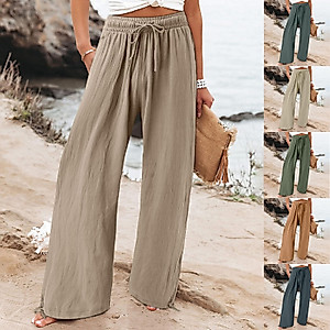 Linen Wide Leg Palazzo Pants - Summer Boho Beach Casual Pants with Pockets, High Waisted, Elastic Waist, Drawstring, Comfy Loose Trousers