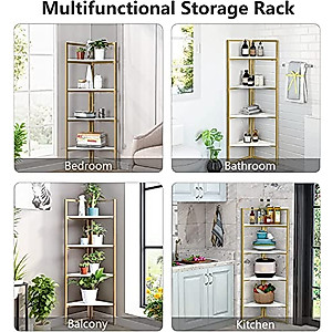 VERYKE 4 Tier Corner Shelf Standing Display Rack Corner Bookshelf Storage Plant Rack with Metal Frame Multipurpose Plant Stand for Living Room, Office, Kitchen, Small Space (Gold/White)