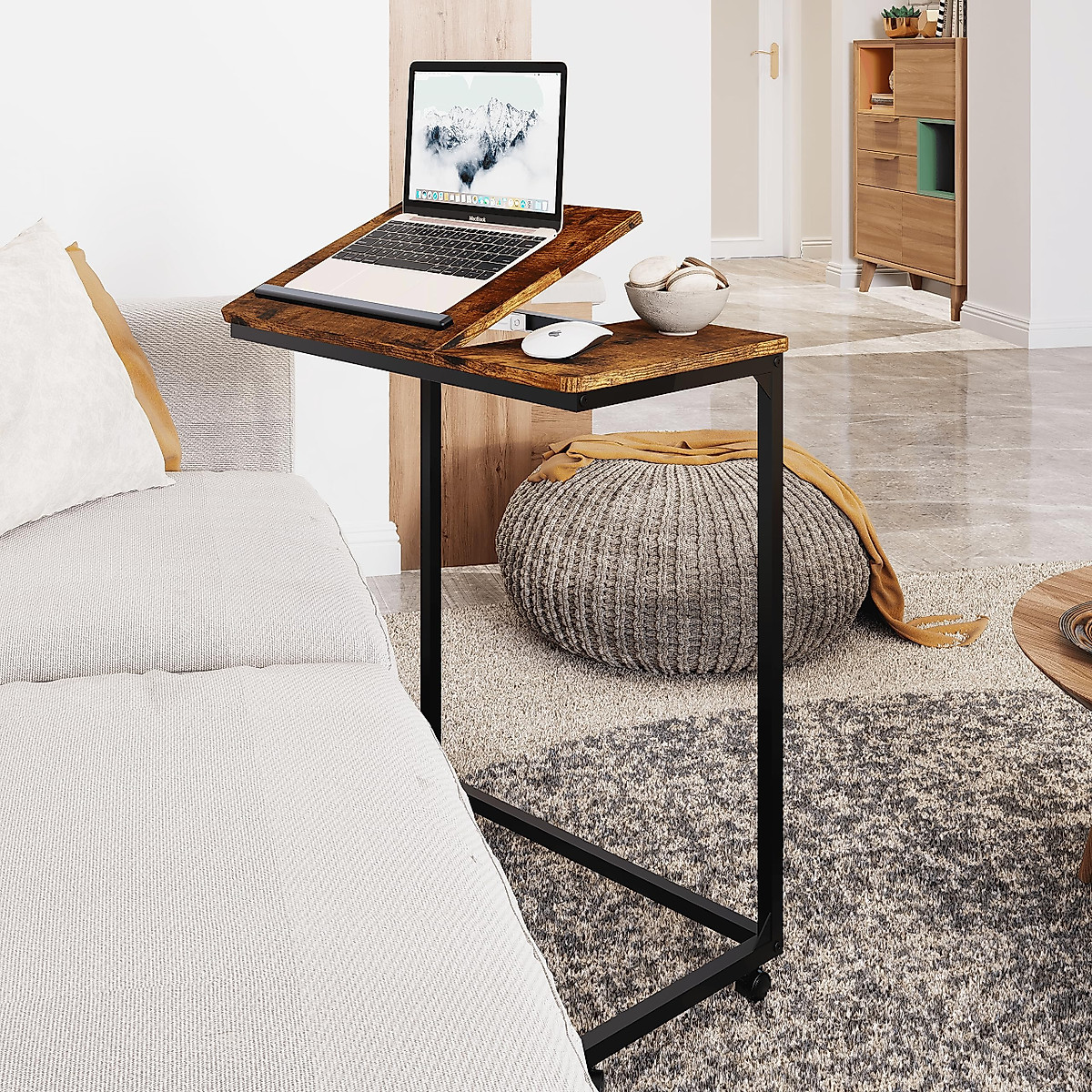 YELNOKU Couch Desk with Lockable Wheels, Slide Sofa Desk with Tiltable Drawing Board, Over Couch Arm Side Table Desk for Eating and Laptops, Portable Ergonomic Laptop Stand for Home Office Work, Brown