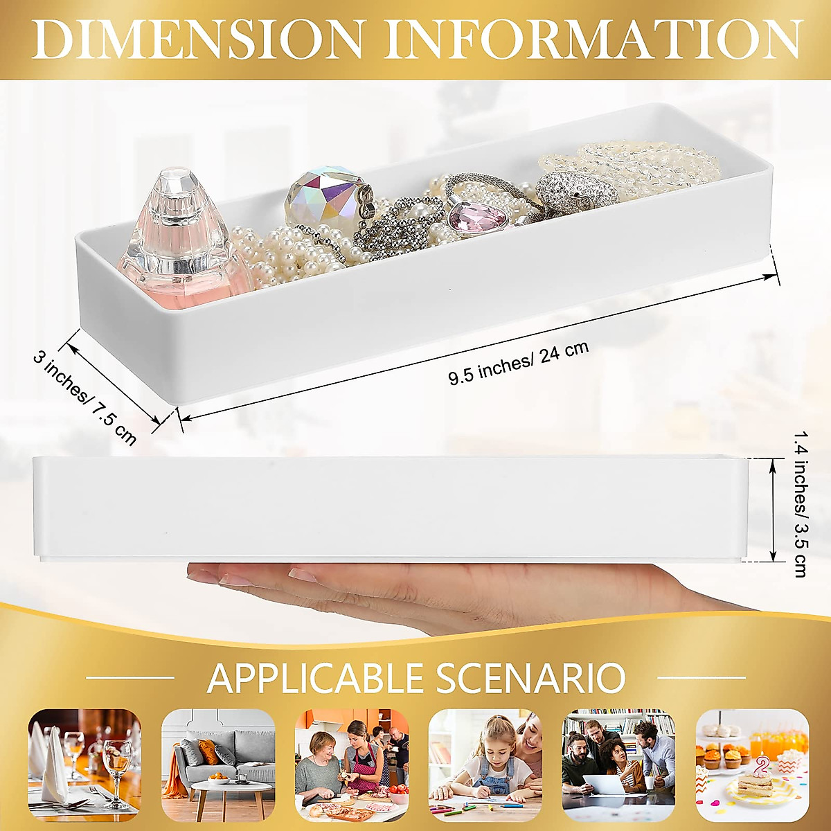 4 Pack Plastic Drawer Organizer 9.5 x 3 x 1.4 Inch Tabletop Organizer Tray Stationery Holder White Half Accessory Tray Stackable Storage Container for Vanity Office Home Utensils Gadgets Shelf Kitchen