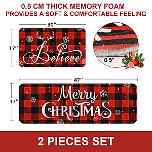 ASPMIZ 2 Pcs Christmas Buffalo Plaid Kitchen Rugs and Mats Set, Absorbent Winter Snowflake Kitchen Mat Cushioned Anti Fatigue, Xmas Decorative Area Rug Set of 2 Washable, 17'' x 47'' + 17'' x 30''
