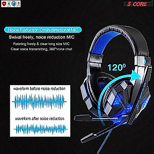5 CORE Gaming Headset for PS4 PC One PS5 Console Controller, Noise Cancelling Microphone Over Ear Stereo Headphones with Mic, LED Light, Bass Surround, Earmuffs for Laptop Mac NES Games HDP GM1 B