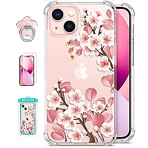 RoseParrot Designed for iPhone 13 Case with Screen Protector + Ring Holder + Waterproof Pouch, Clear with Floral Pattern Design, Soft&Flexible Bumper Shockproof Protective Cover （Fireflies）