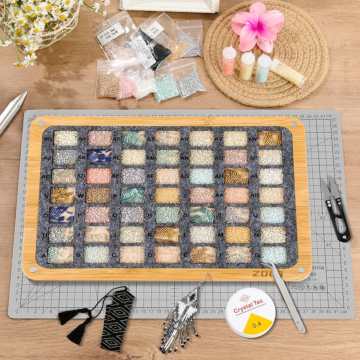 ZDLS Bead Storage Solutions,Wooden Bead Storage Organize with Lid,Bead Sorting Tray-Size M