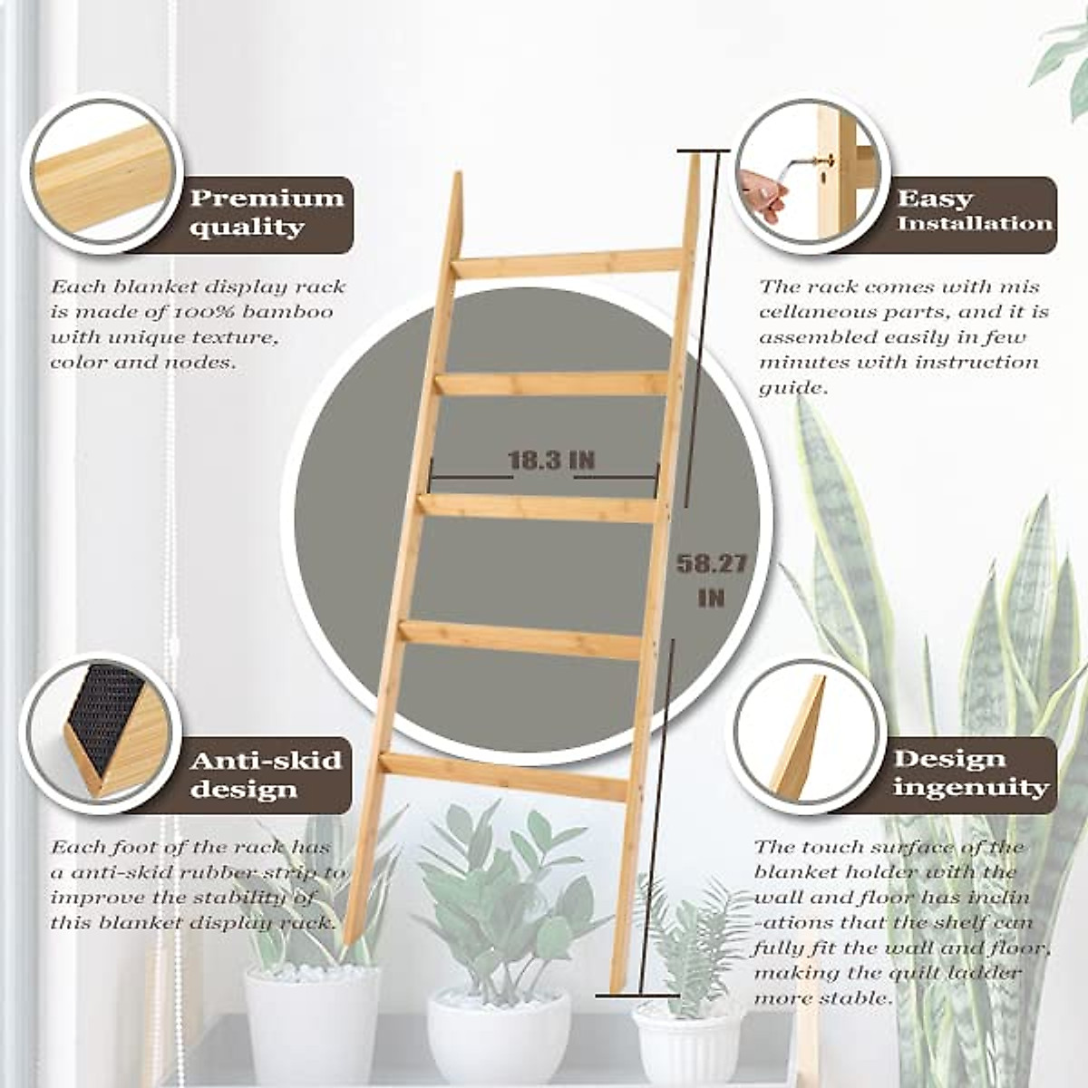 SIMEFUL 5 ft Blanket Ladder,Blanket Display Rack, Farmhouse Blanket Holder,Wall Leaning Ladder Shelf,Bamboo Towel Rack,Decorative Quilt Stand for Living Room, Bathroom, Bedroom