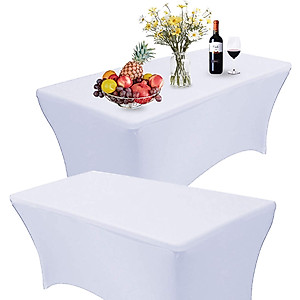 RELIANCER 2 Pack 8FT Rectangular Spandex Table Cover Four-Way Tight Fitted Stretch Tablecloth Table Cloth for Outdoor Party DJ Tradeshow Banquet Vendor Wedding Celebration (2PC 8FT, White)