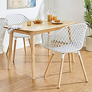 CangLong Modern Natural Wood Legs Easily Assemble Mid Century Molded Plastic Shell Arm Hollow Out Chair for Living, Bedroom, Kitchen, Dining, Waiting Room, set of 2,White