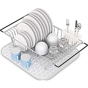 Simple Houseware Large Over Sink Counter Top Dish Drainer Drying Rack with Drying Mat and Utensil Holder, Chrome