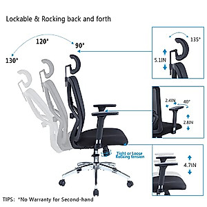 Ticova Ergonomic Office Chair - High Back Desk Chair with Adjustable Lumbar Support & 3D Metal Armrest - 130°Reclining & Rocking Mesh Computer Chair with Thick Seat Cushion & Rotatable Headrest