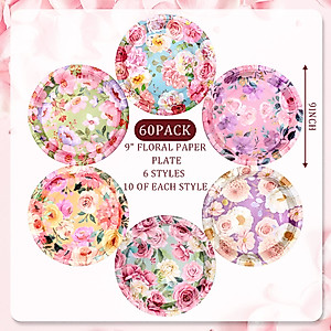 60 Pcs Floral Paper Plates Disposable Dessert Plates 9 Inch Tea Party Plates Party Paper Plates Floral Birthday Decorations for Wedding, Anniversary, Bridal Shower, Birthday, Baby Shower, Graduation