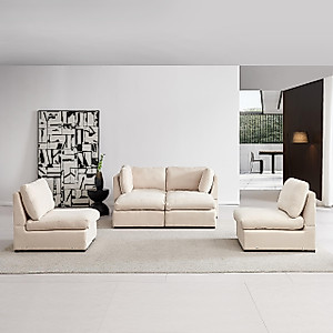 WILLIAMSPACE 129" Sectional Sofa Couch with Feather Filled, U-Shaped Sofa with Ottoman, Down-Filled Overstuffed Upholstered, Modern Luxury Couch for Living Room, Apartment (Beige)