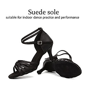 DKZSYIM Women's Satin Latin Dance Shoes Professional Ballroom Salsa Practice Performance Dancing Shoes,213-Black-7,US 5