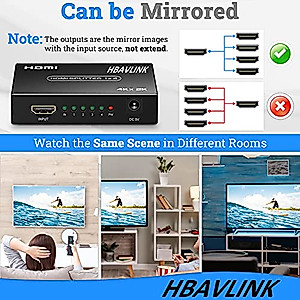 HDMI Splitter 1 in 4 Out 4K, HBAVLINK 4 Port HDMI Splitter Powered Video Splitter 4 Outputs w/HDMI Cord+ AC Adapter, Duplicate/Mirror Screens for Fire Stick/Roku/DirecTV/Cable Box/Security Cameras