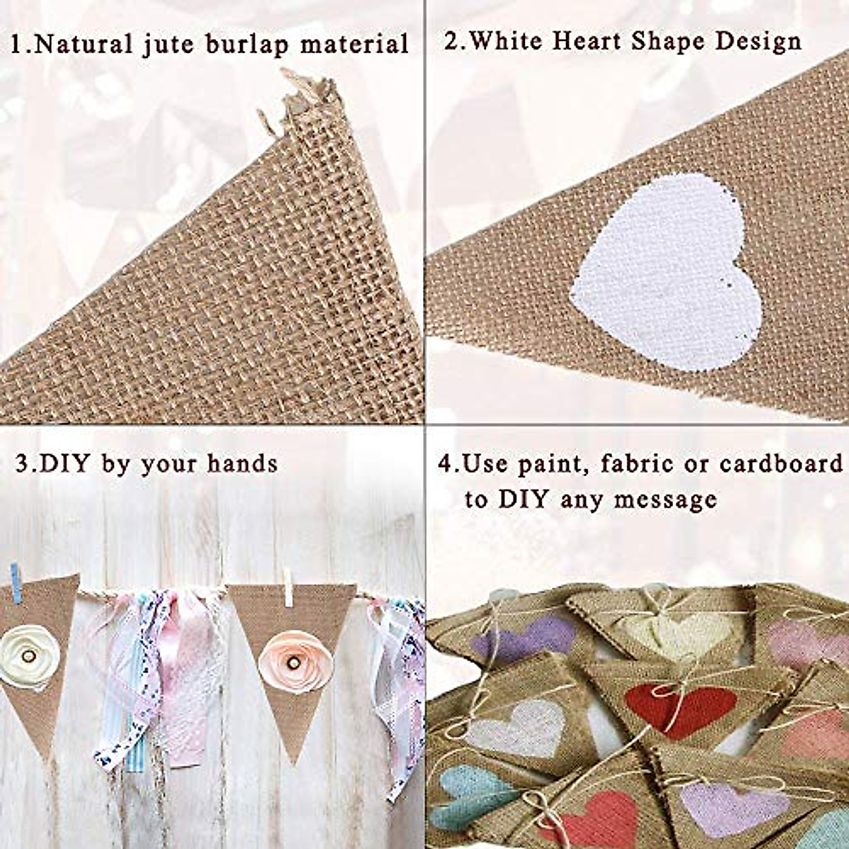 Bunting Wedding Vintage Garland Heart Bunting Jute Fabric Bunting Hessian Banner Vintage Decorative Bunting for Bridal Table Photos Sweet Bar Decoration Set of 2