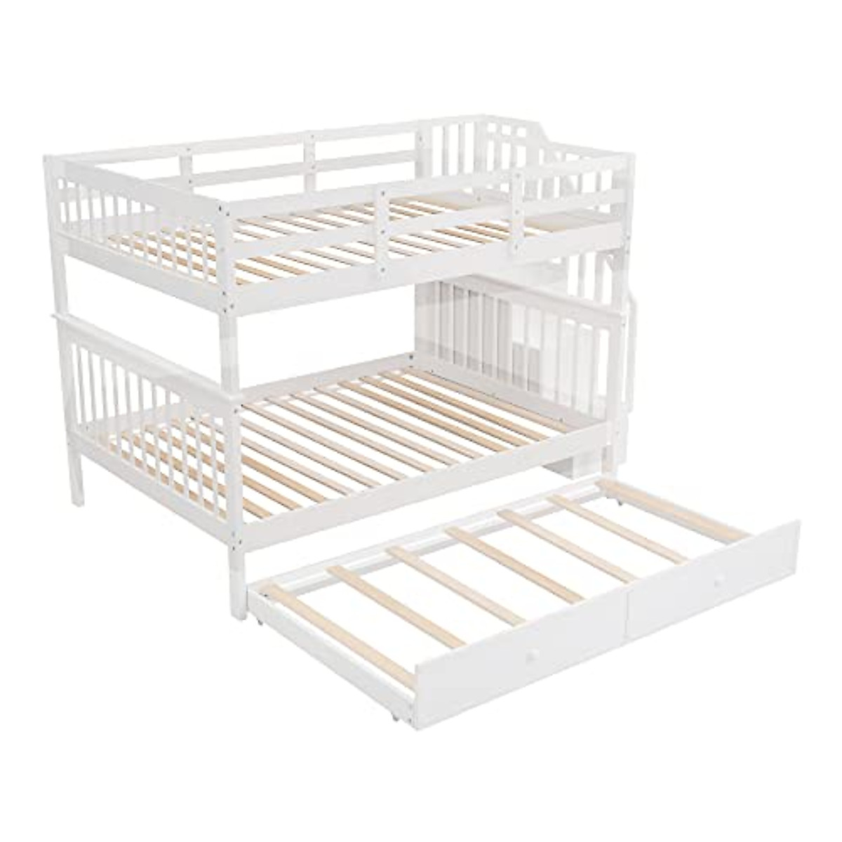 Full Over Full Bunk Bed with Trundle, Wood Full Bunk Bed with Storage Shelves, Full Over Full Bunk Bed Frame with Guardrails and Stairs for Kids Teens Adults, Can be Convertible into 2 Beds, White