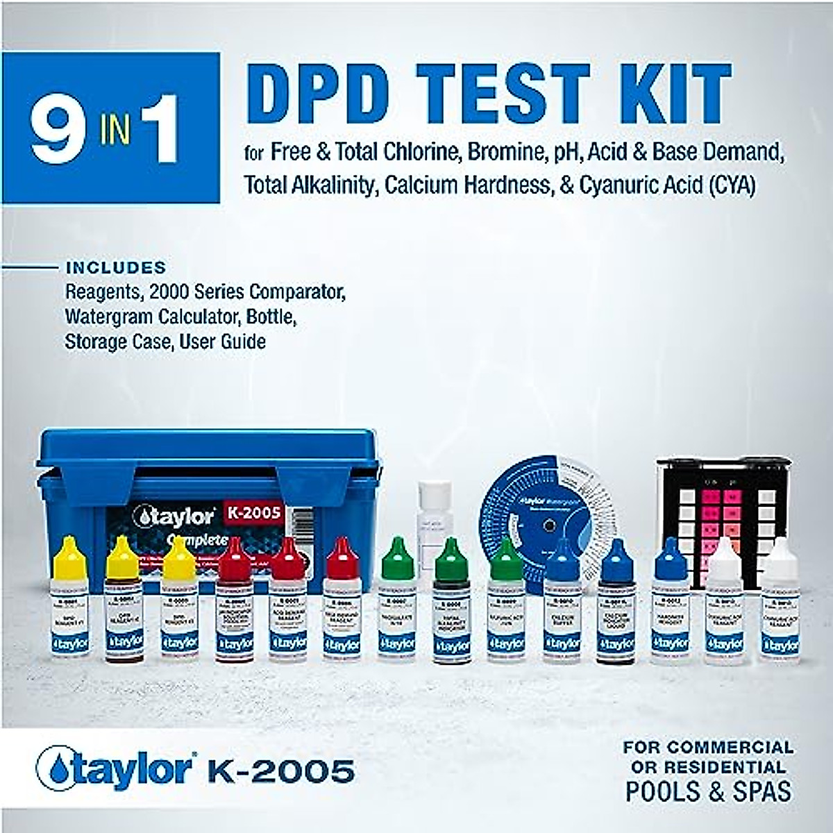 Taylor K-2005 Complete DPD High Range, 9-in-1 Pool & Spa Test Kit for Free & Total Chlorine, Bromine, pH, Acid & Base Demand, Total Alkalinity, Calcium Hardness, Cyanuric Acid | Made in The USA