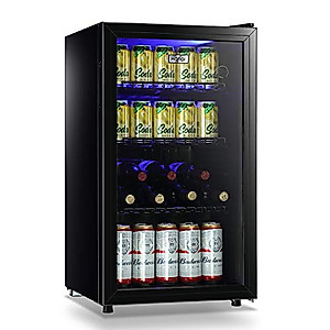 WANAI Beverage Refrigerator Cooler Fridge Glass Door 100Can Beer Fridge Cooler Drinks Wines Juice Soda Cooler Adjustable Shelves Blue LED Lights Temp Control for Home Office Dorm 3.2 Cu. Ft Shelves Blue LED Lights Temp Control for Home Office Dorm Bar 3.2