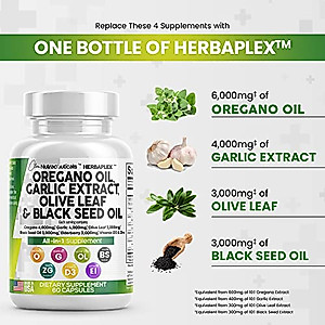 Oregano Oil 6000mg Garlic Extract 4000mg Olive Leaf 3000mg Black Seed Oil 3000mg - Immune Support & Digestive Health Supplement for Women and Men with Vitamin D3 and Zinc - Made in USA 60 Caps