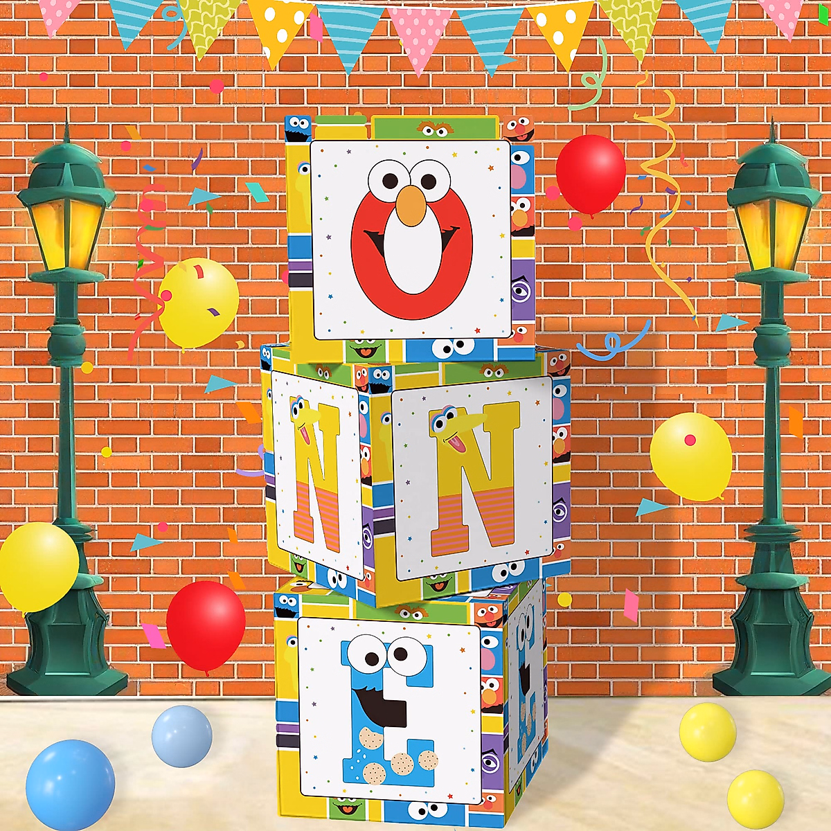 Altkeyui Sesame Friends Street First Birthday Balloon Boxes Decorations, 3 Pcs One Balloon Box 1st Birthday Backdrop Block For Sesame Theme 1st Birthday Party Supplies | One Year Old Birthday