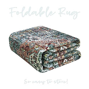 COZYLOOM Washable Rug 9x12 Large Area Rug Ultra-Soft Tribal Distressed Floor Cover Floral Print Accent Thin Rug Foldable Traditional Indoor Rug Retro Carpet for Living Room Bedroom Office Brown/Green