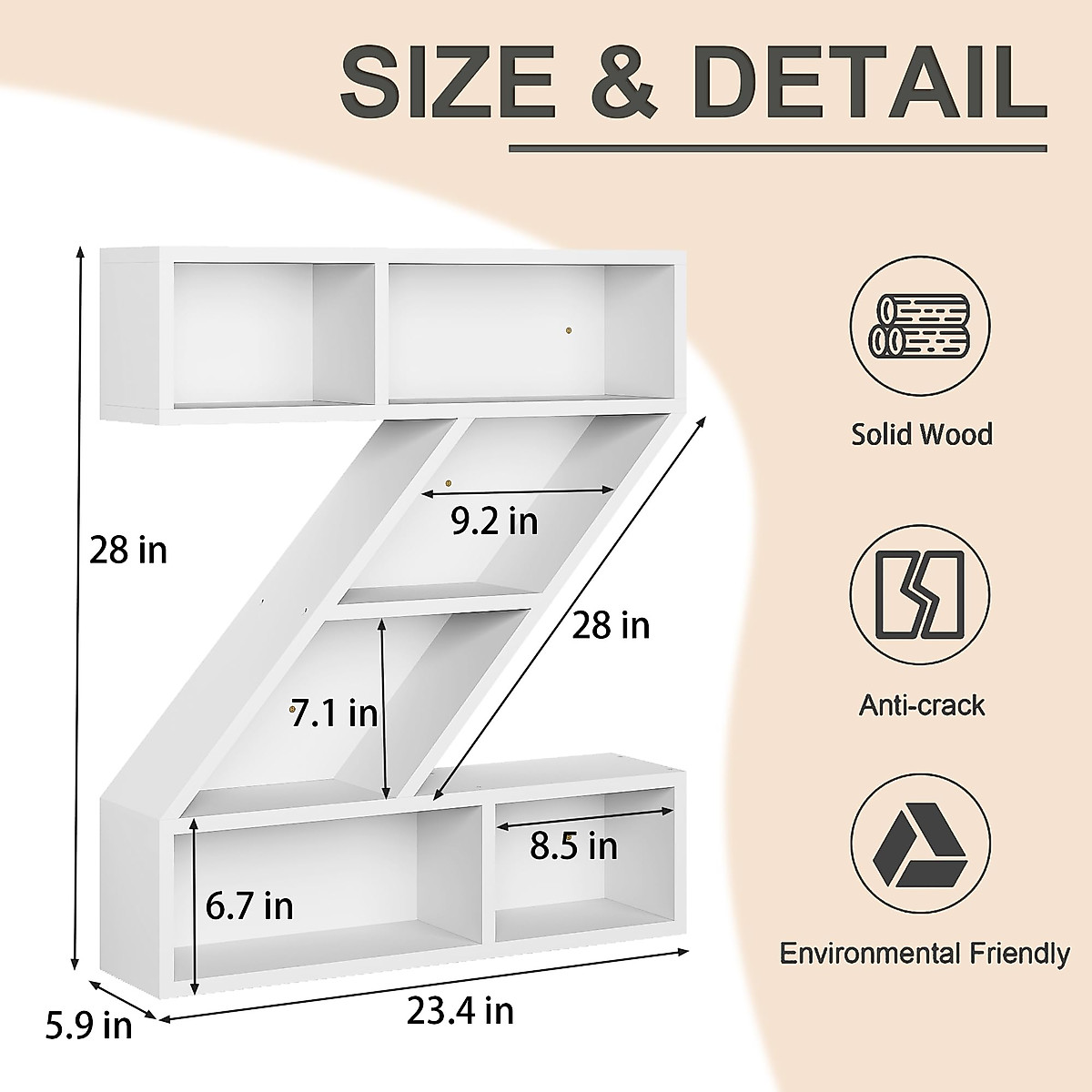 Beskadi White Wooden Letter Z Shelf - Floating Kids Bookshelf Wall Mounted, Z Letter Floating Shelves for Kids Room, Rectangle Bookcase for Wall Storage, Modern Display Shelves for Living Room,Bedroom