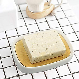 Sandstone Resin Soap Bar Dish, Bamboo Shower Soap Dish Holder Tray, Soap Organizer Draining Bar Soap Saver for Shower Bathroom Kitchen Sink