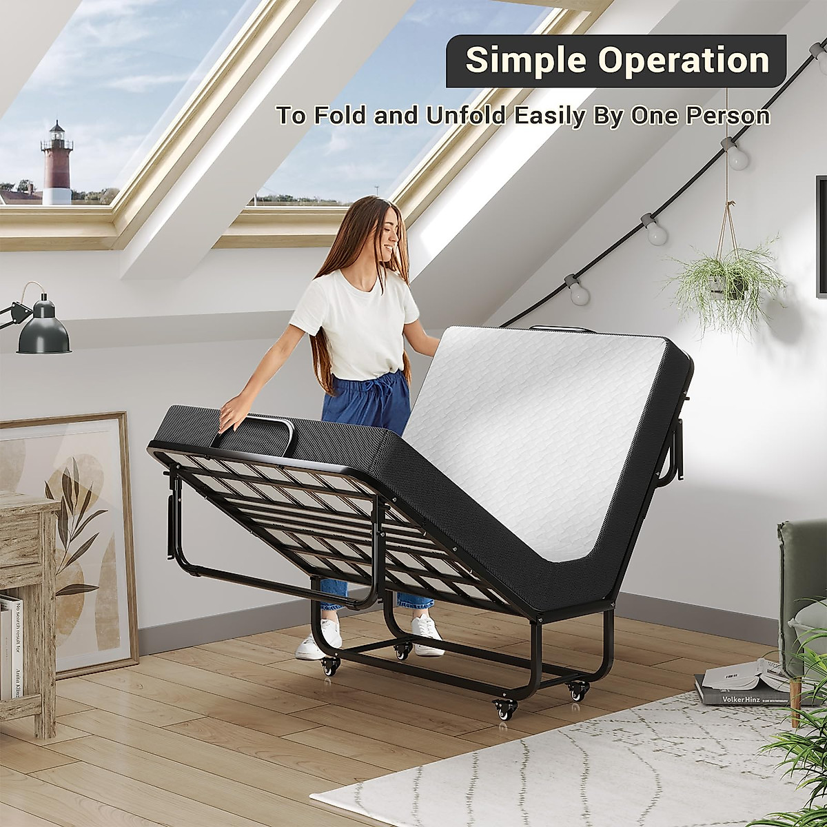 DICTAC Folding Bed with Mattress 75x38 Twin Size Bed Frame Portable Foldable Guest Bed for Adults Rollaway Bed with Wheels Fold up Bed with Metal Slats Bed Frame- 5'' Luxurious Memory Foam Mattress