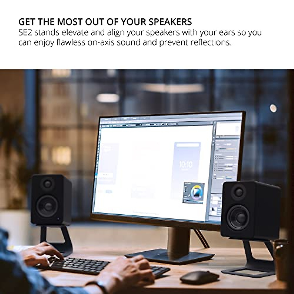 Kanto SE2 Elevated Desktop Speaker Stands for Small Speakers & Compact 2”-3” Studio Monitors | 3.8” Tall | Supports 7.1 lbs | Damping 1.5 mm Silicone Padding | Pair | Black