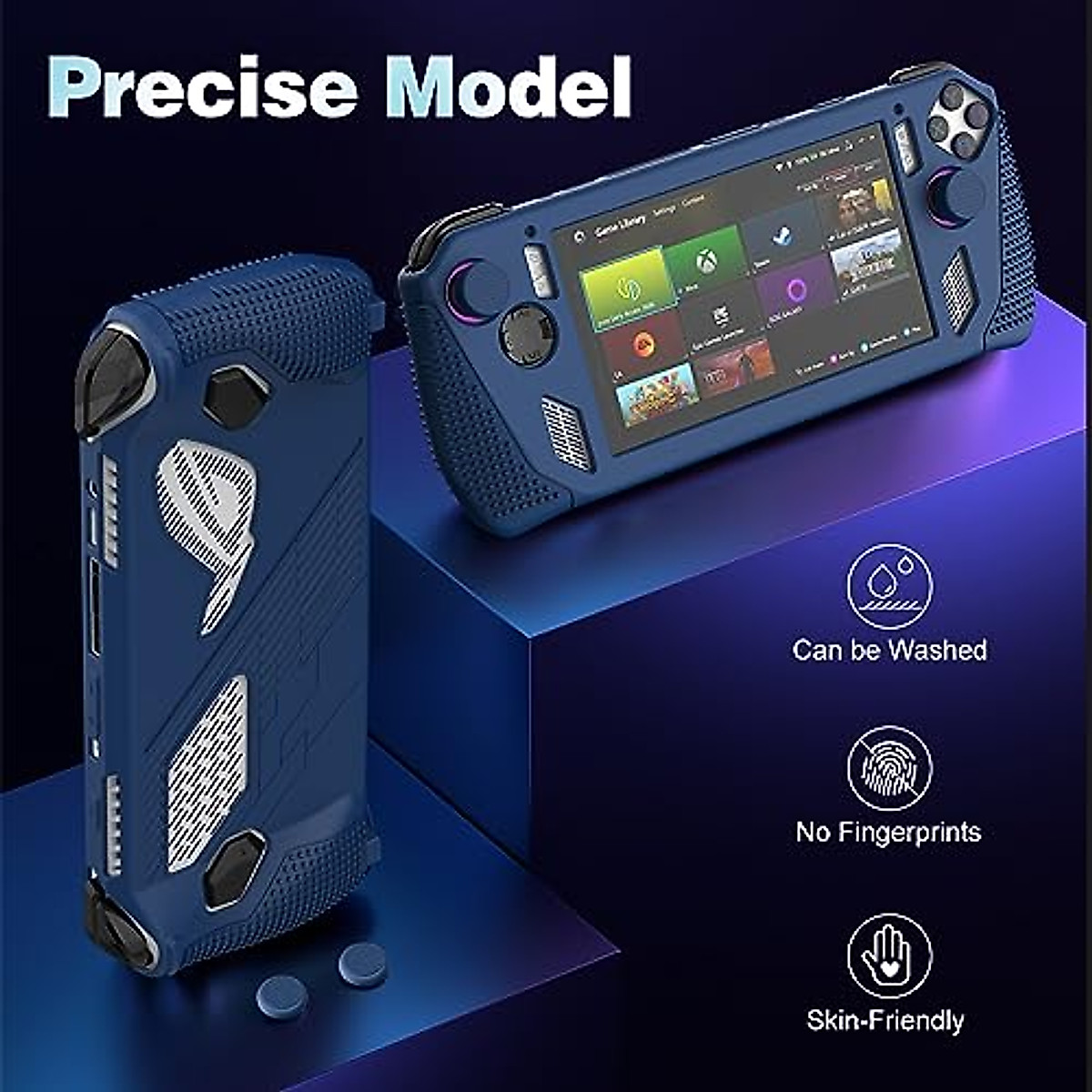 SUIHUOJI for Rog Ally Stand Protective Case, Silicone Accessories Protector, Soft Cover Skin Shell with 2 Pairs Thumb Grips Caps, Full Protection Kickstand for ASUS Rog Ally Handheld (Blue)