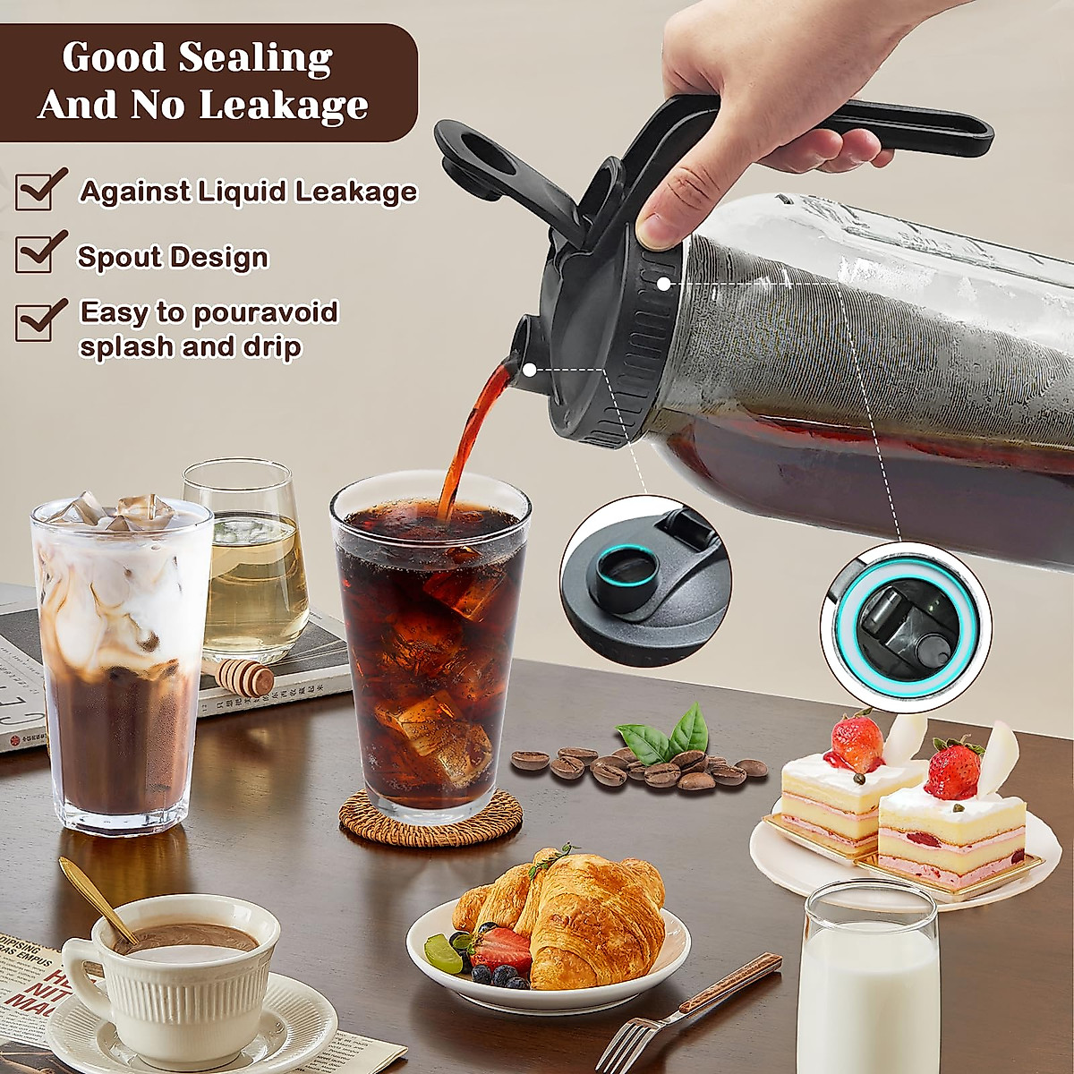 Cold Brew Coffee Maker, 64oz Wide Mouth iced Coffee Pitcher, with Handle & Stainless Steel Filter, Durable Glass, Sturdy mason jar pitcher, for iced coffee & Tea Lemonade, Fruit Drinks