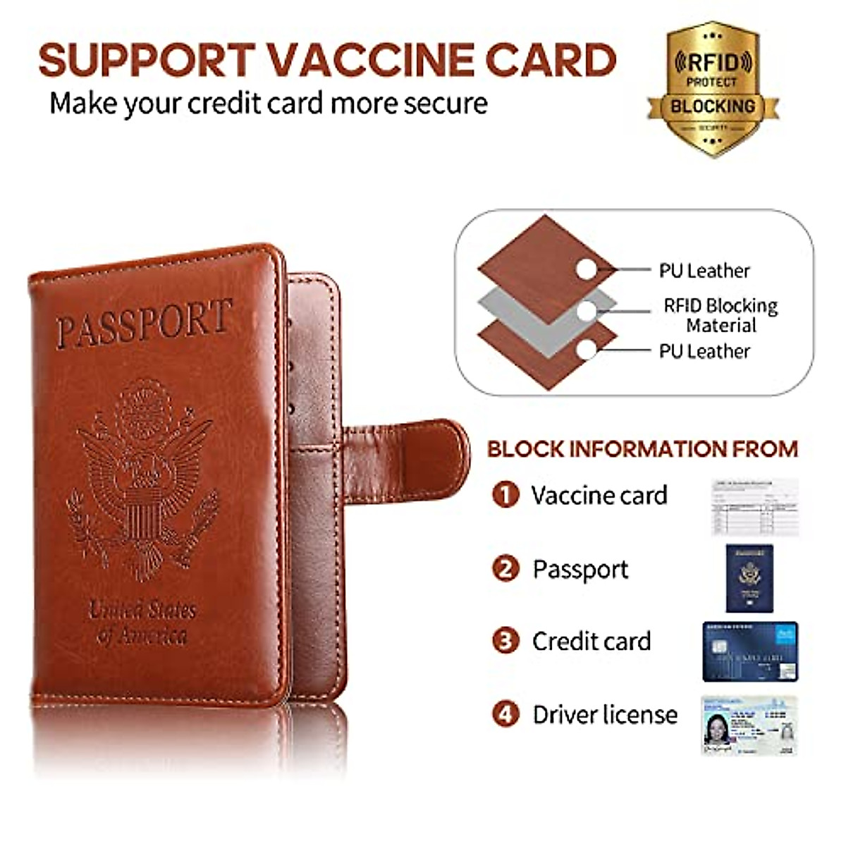 MCmolis Passport and Vaccine Card Holder Combo,RFID Blocking Leather Cover Case Travel Documents Organizer Protector With CDC Vaccination Card Slot and Magnetic Buckle-Brown