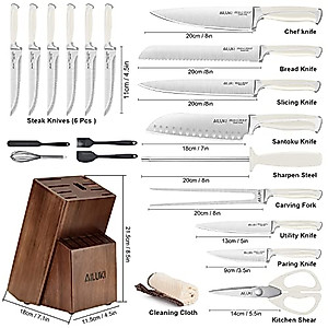 Knife Set,18 Piece Kitchen Knife Set with Block Wooden and Sharpener, Professional High Carbon German Stainless Steel Chef Knife Set, Ultra Sharp Full Tang Forged White Knives Set