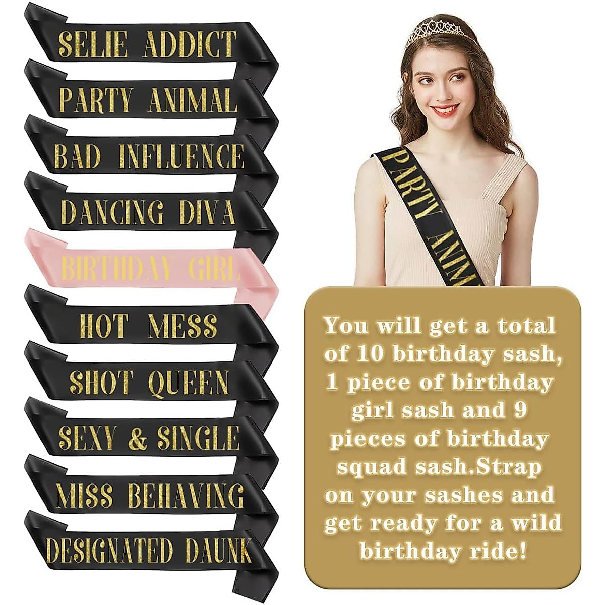 10 Pack Birthday Sash for Women Group,Happy Birthday Party Supplies Sashes Favors Decorations for Women,Birthday Squad Girls Glitter Sash Set,9 Funny Sashes,1 Birthday Girl Sash(Black and Rose Gold)