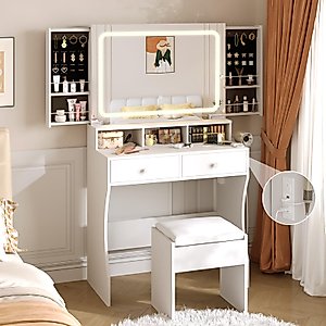 Fameill Vanity Desk with Mirror and Lights, White Makeup Vanity with 3 Color Lighting & 2 Large Drawers, Small Vanity with Charge Station and Stool, Vanity Set with Hidden Sliding Jewelry Cabinet