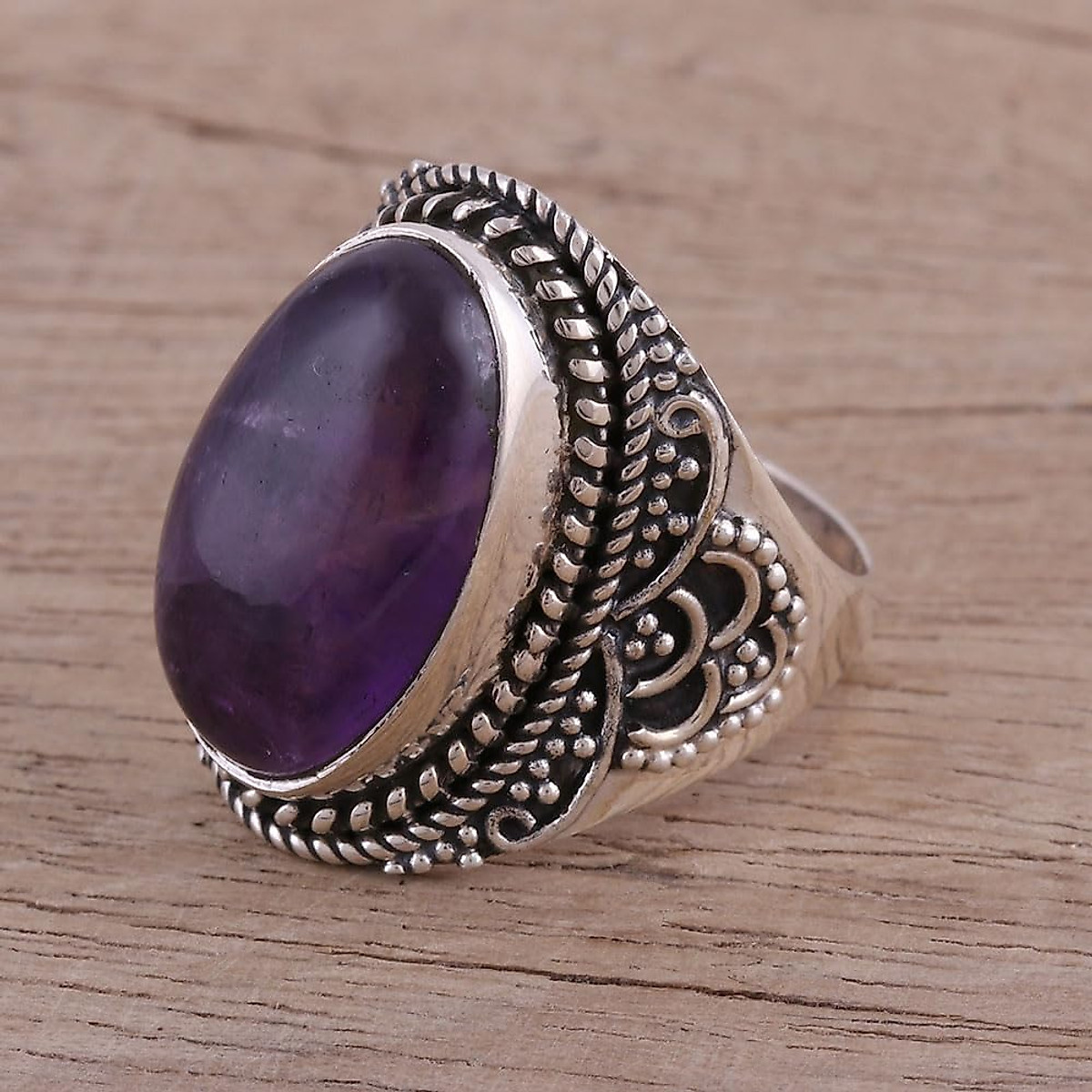 NOVICA Artisan Handmade Amethyst Cocktail Ring Sterling Silver from India Purple Birthstone [crownbezel 0.9 in L x 0.7 in W x 0.3 in H Band Width 3 mm W] ' Twilight Cascade'