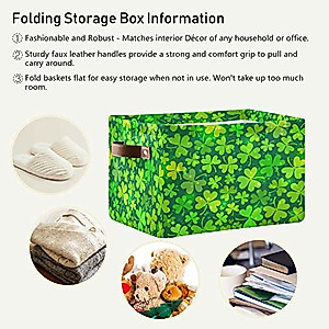 Green Clover St Patricks Day Storage Basket Trefoils Leaves Storage Organizer Box Bin Large Collapsible Cube Baskets with PU Handles for Shelf Closet Nursery Laundry 1 Pack