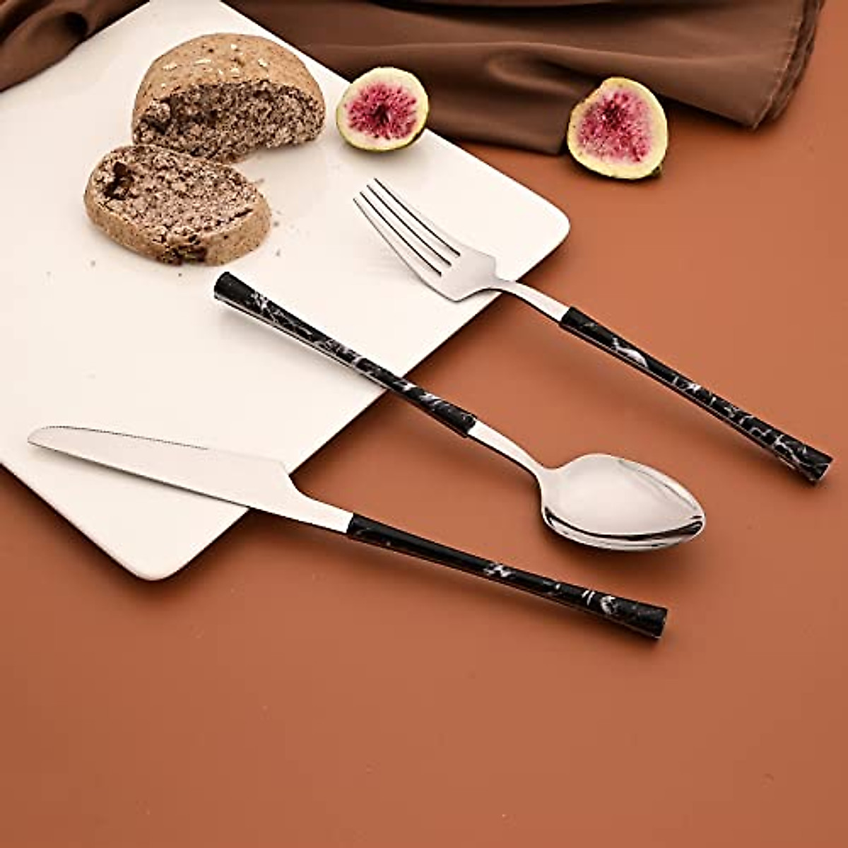 Snplowum 24 Piece (6 Set) Imitation marble Handle Cutlery, Stainless Steel Head Flatware Set For Home Wedding Dinner, Mirror & Modern Knife Fork Tea Spoon Utensils Set -- Black Silver