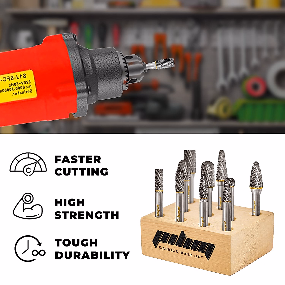 Tungsten Carbide Burr Set 1/4" Shank 10PC Double Cut Rotary Cutting Burrs Die Grinder Bits for Steel and Wood Working, Grinding, Carving, and Engraving
