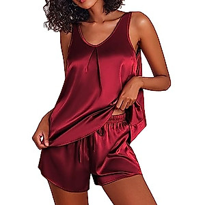 Ekouaer Pjs Shorts Set Womens Silk Sleepwear Pajamas Tank Tops and Short Bottoms Set Satin Pjs Two Piece Nightwear Set (Wine,L)