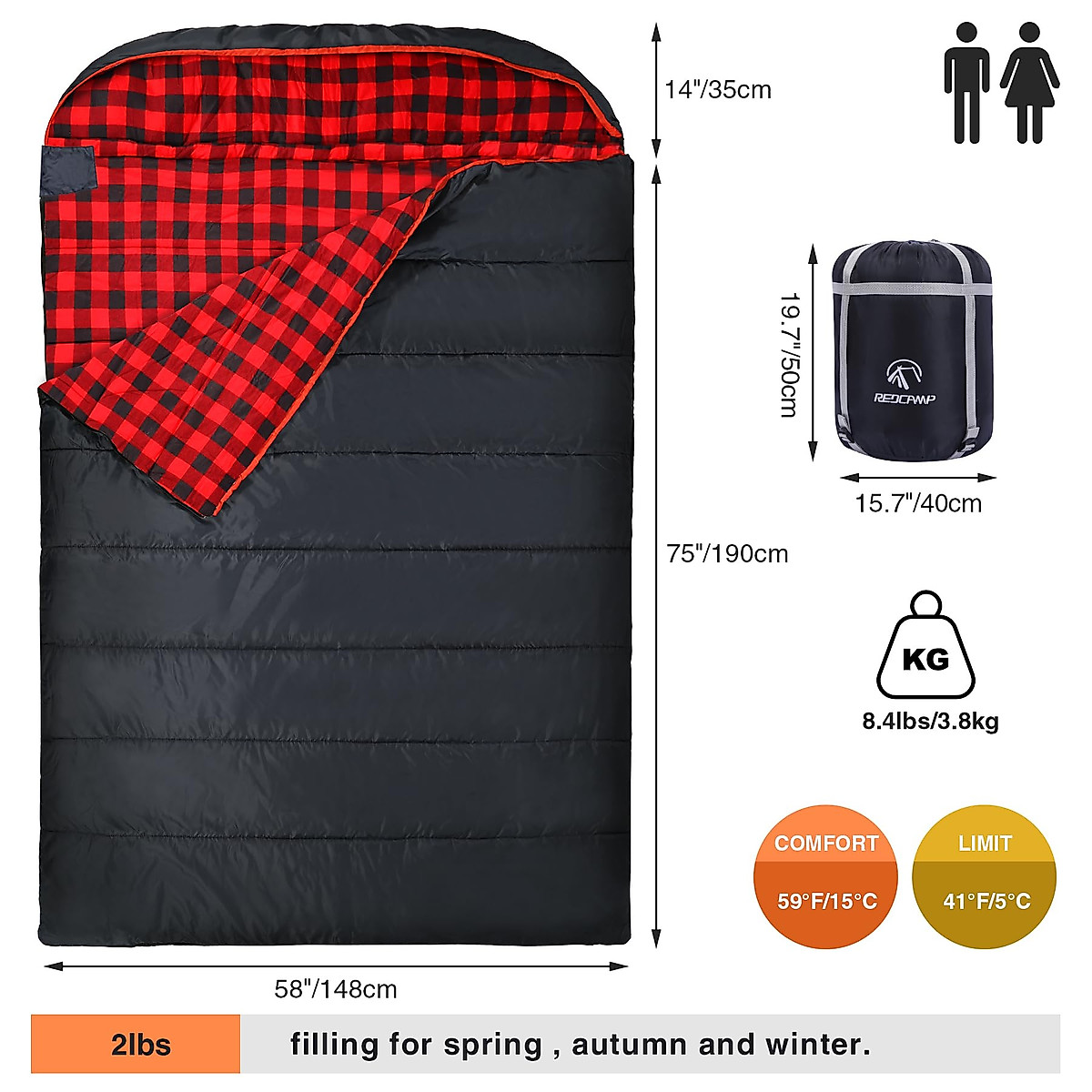 REDCAMP Large Cotton Double Sleeping Bag for Adults, 2 Person Cold Weather Warm Queen Size Flannel Sleeping Bags for Camping, Black